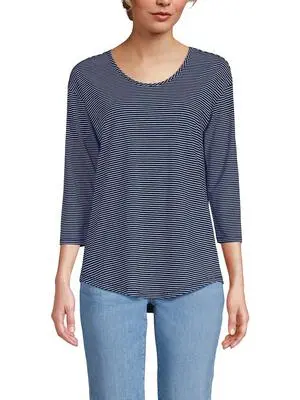 LANDS' END 3/4 Sleeve Lightweight Jersey U-Neck Tunic Deep Sea Navy Tiny Stripe