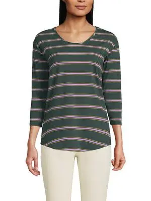 LANDS' END 3/4 Sleeve Lightweight Jersey U-Neck Tunic Evening Forest Stripe