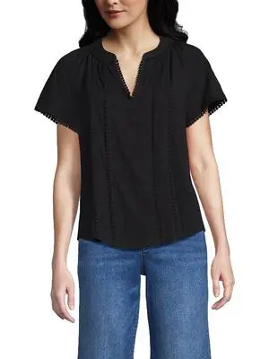 LANDS' END Slub Short Sleeve Notch Neck Top Black