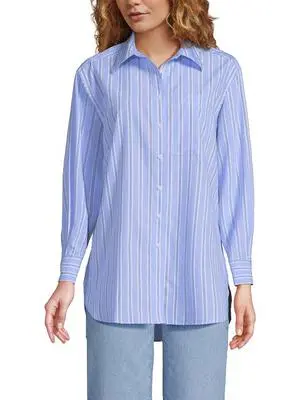 LANDS' END Poplin Extra Long Tunic Clear Blue Sky Stripe
