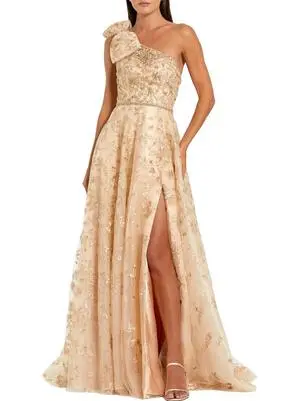 Mac Duggal Embellished Bow One-shoulder Gown - Champagne
