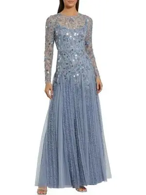 Mac Duggal Embellished Mesh Ruffle Hem Gown - Slate Blue