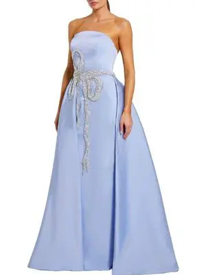 Mac Duggal Strapless Stretch Satin Column Gown With Overskirt - Powder Blue