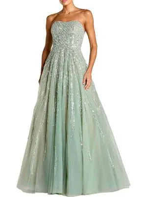 Mac Duggal Mesh Sequin Strapless Sweetheart Neck Ballgown - Seafoam