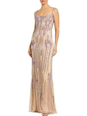 Mac Duggal Sequin Mesh Column Gown - Nude