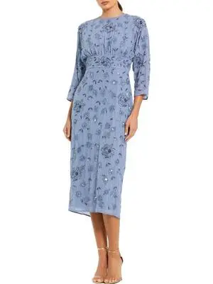 Mac Duggal Floral Embellished Blouson Midi Dress - Twilight