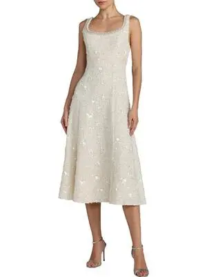 Mac Duggal Boucle Embellished Square Neck A-line Midi Dress - Ivory
