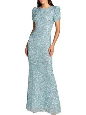 Mac Duggal Beaded Mesh High Neck Gown - Powder Blue
