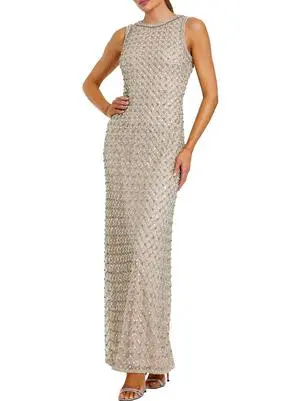 Mac Duggal Sequin Mesh High Neck Column Gown - Silver Nude