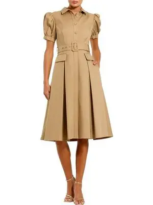 Mac Duggal Puff Sleeve Twill Button Up Midi Shirt Dress - Taupe
