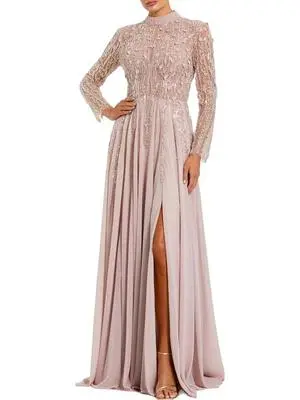 Mac Duggal Long Sleeve High Neck Embellished Satin Gown - Dusty Rose