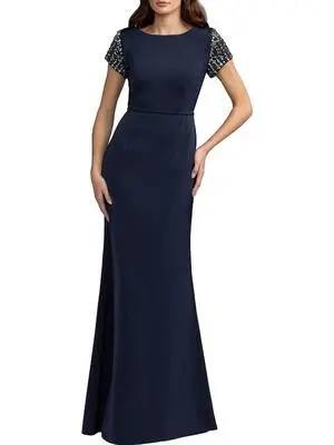 Mac Duggal Beaded Cap-Sleeve Column Gown Midnight