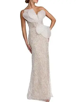 Mac Duggal Sequin Organza Strapless Column Gown With Bow Detail - Ivory Nude