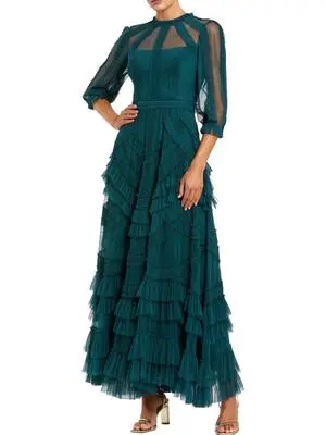 Mac Duggal Mesh Micro Ruffle Gown With Sleeves - Teal