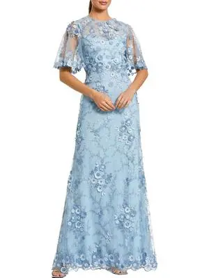 Mac Duggal Floral Embroidered Flutter Sleeve Net Gown - French Blue