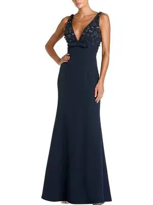 Mac Duggal Crepe Beaded V-neck Gown With Bow - Midnight