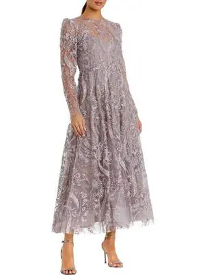 Mac Duggal Floral Embroidered High Neck Long Sleeve Gown - Mauve