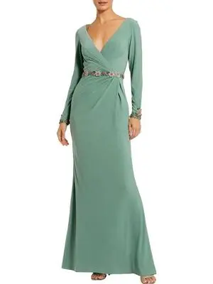 Mac Duggal Jersey V-neck Gown With Beaded Belt - Sage
