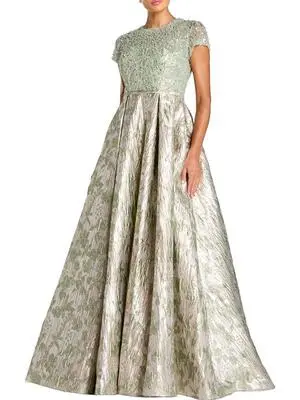 MAC DUGGAL Beaded Cap-Sleeve Ball Gown With Metallic Brocade Skirt