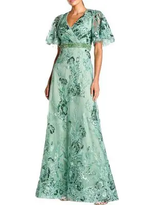 Mac Duggal Floral Embellished Faux Wrap Gown - Sage