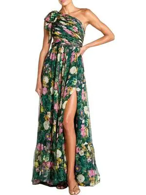 Mac Duggal Floral One-shoulder Cutout Chiffon Gown - Deep Green Multi