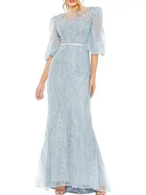 Mac Duggal Embroidered Beaded Gown With Illusion Puff Sleeves - Ice Blue
