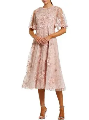 Mac Duggal Flutter Sleeve Embroidered Midi Dress - Blush