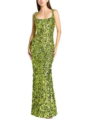 Mac Duggal Sleeveless Sequin Paillette Column Gown - Apple Green
