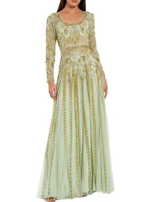 Mac Duggal Beaded Mesh A-line Gown With Long Sleeves - Light Sage