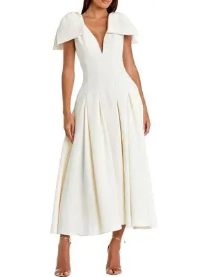 Mac Duggal Crepe A-line Midi Dress With Bow Straps - Ivory