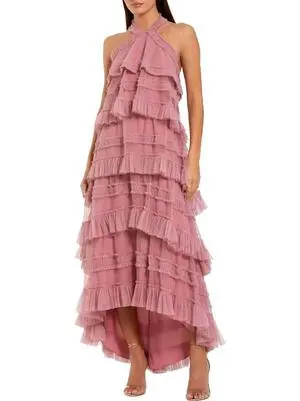 Mac Duggal Dot Mesh Ruffle Halter Neck Ankle Dress - Rose