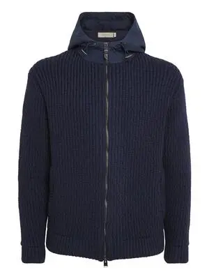 Canali Wool Cable-knit Hooded Jacket - Navy