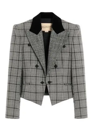 Valentino Garavani Checked Wool Jacket With Velvet Collar - Grey