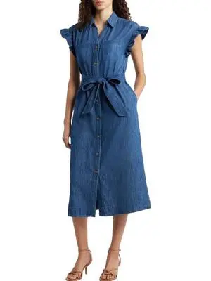 Caslon Tie Waist Denim Midi Shirt Dress - Dark Wash
