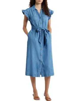 Caslon Tie Waist Denim Midi Shirt Dress - Medium Wash