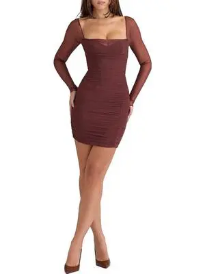 House Of Cb Anouk Long Sleeve Mesh Body-con Minidress - Mocha