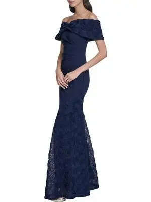 Eliza J Off-the-shoulder 3d Floral Gown - Navy