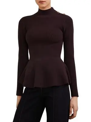 REISS Ribbed Mock Neck Peplum Top - Burgundy