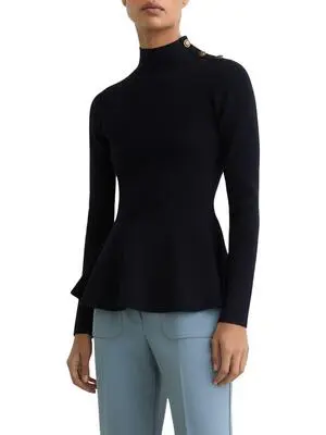 REISS Ribbed Mock Neck Peplum Top - Navy