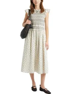 Treasure & Bond Smocked Bodice Tie Back Cotton Midi Dress - Ivory- Black Wallpaper Ditsy