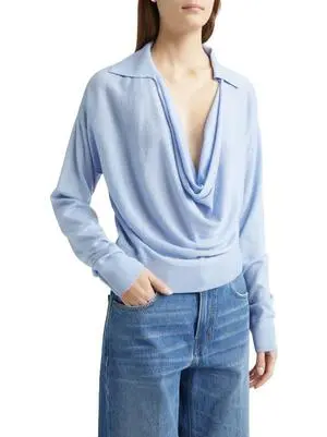 EMILY DAWN LONG Drape Front Wool Polo Sweater - Baby Blue