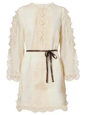 Zimmermann Awaken Belted Embroidered Linen Mini Dress - White