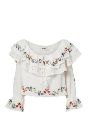 Rixo Embroidered Ruffled Cotton Top - White
