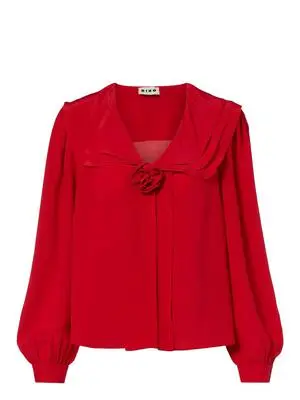 Rixo Emelin Floral-Appliqué Silk Blouse Red