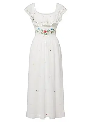 Rixo Ebony Embroidered Cotton Midi Dress - White