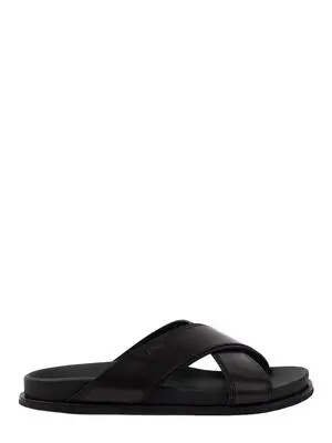Brioni Criss-cross Leather Slides - Black