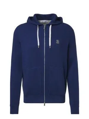 Brunello Cucinelli Logo Ribbed-knit Cotton Zip-up Hoodie - Blue