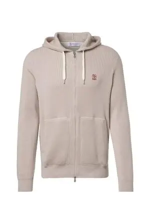 Brunello Cucinelli Logo Ribbed-knit Cotton Zip-up Hoodie - Beige