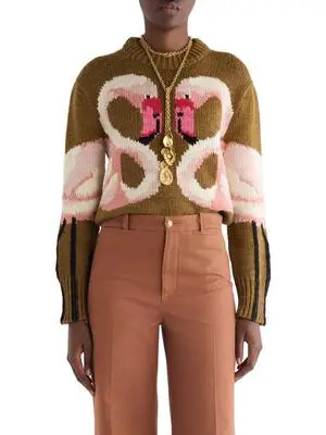 Chloé Hand-knit Flamingo Intarsia Wool Crewneck Sweater - Secret Brown