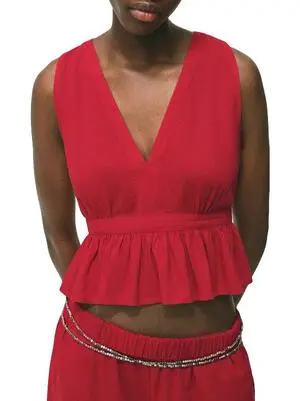 Mango Peplum Top With Tie Detail - Red